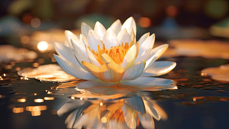 A White Lotus in a Golden Magic Pond. Generative Ai Stock Illustration ...