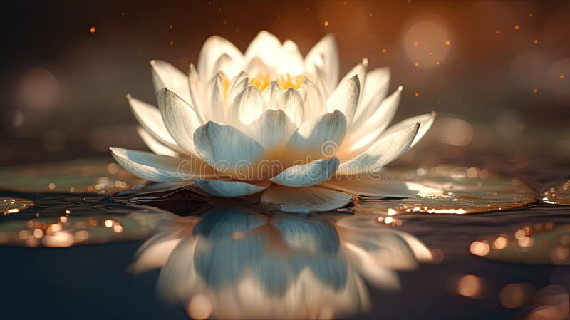 A White Lotus in a Golden Magic Pond. Generative Ai Stock Illustration ...