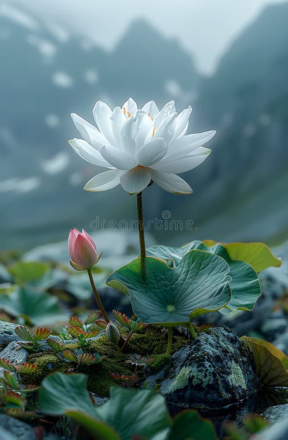 White Lotus in Mountain Landscape Stock Image - Image of subtle ...
