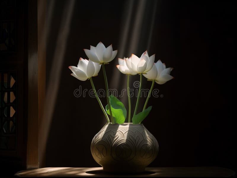 White Lotus at a Pot in the Table with Window Lighting and Zen Feeling ...