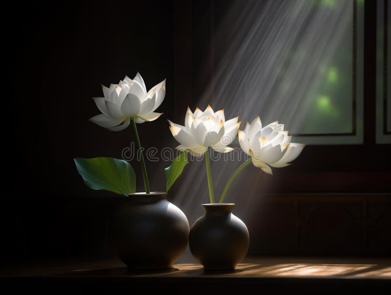 White Lotus at a Pot in the Table with Window Lighting and Zen Feeling ...