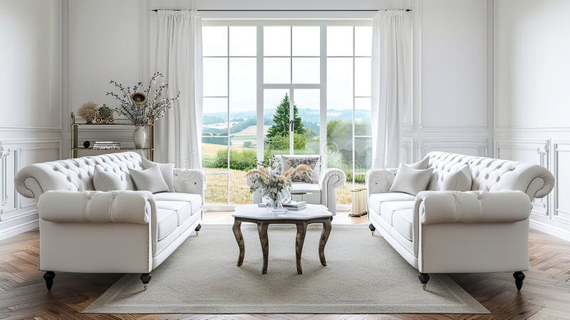 White Lounge Zone Interior with Sofa and Two Armchairs, Coffee Table ...