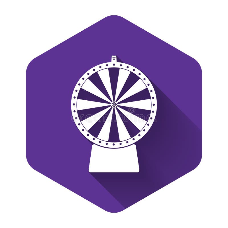 White Lucky Wheel Icon Isolated with Long Shadow. Purple Hexagon Button ...