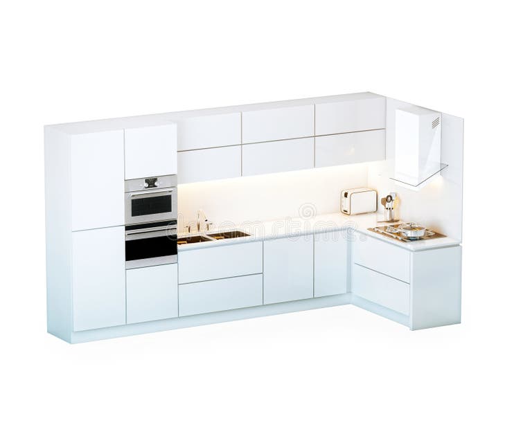 White Luxury Kitchen in Hi-Tech Style (Isolated on White) Stock ...