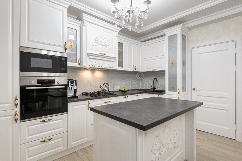 Luxury Modern White Kitchen Interior with Open Doors and Drawers Stock ...