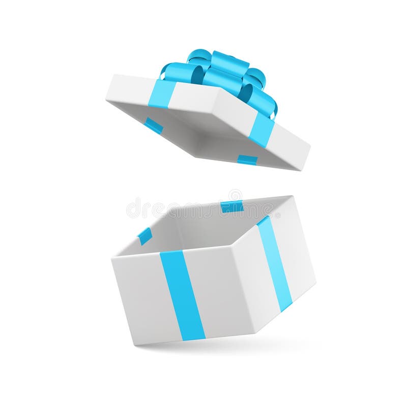 White Luxury Open Gift Box Flying Empty Present Pack with Blue Bow ...