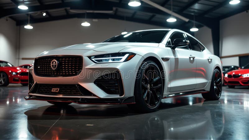 White Luxury Sedan Car in Garage with Red Accent Stock Illustration ...