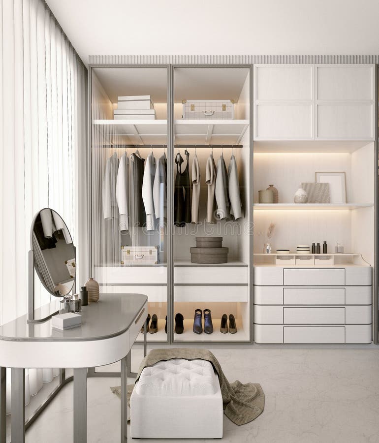 White Luxury Walk in Closet Interior with Light Frome the Window.3d ...