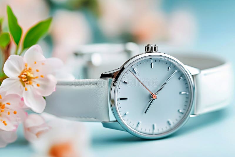White Luxury Watch with Blooming Spring Tree Flowers on Background ...