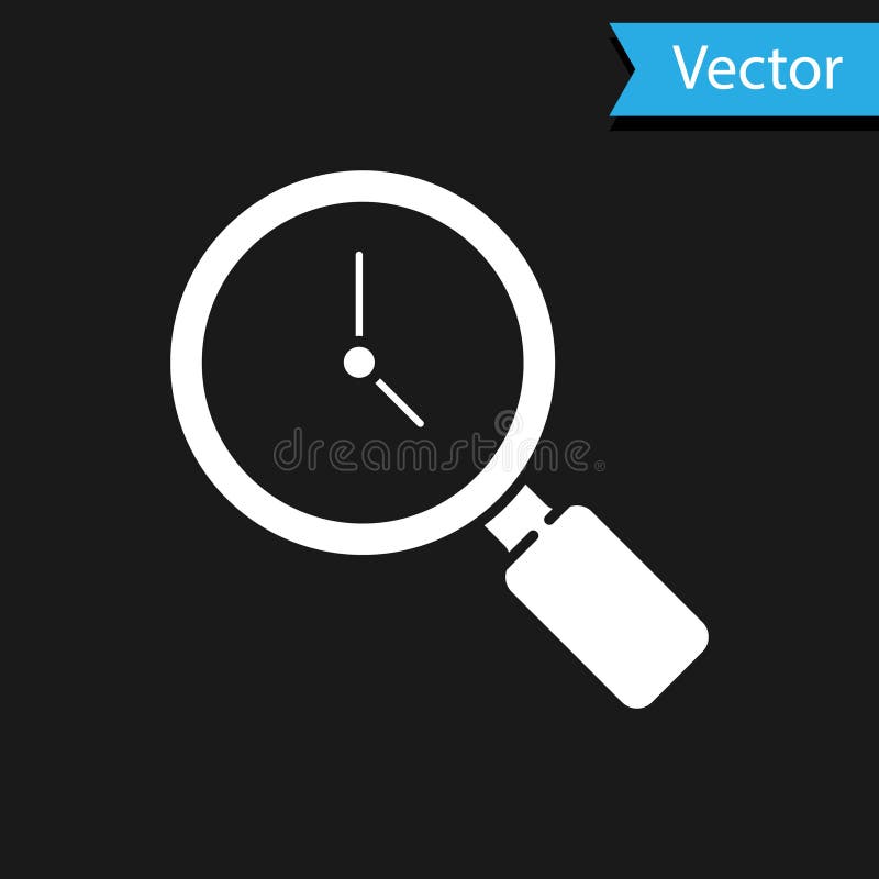 White Magnifying Glass with Clock Icon Isolated on Black Background ...