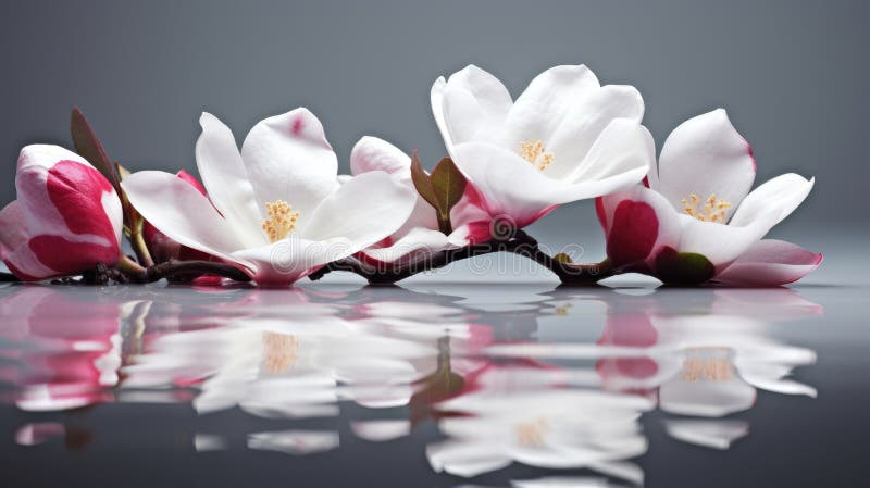 White Magnolia Flowers with Reflection on Water Against a Soft Gray ...