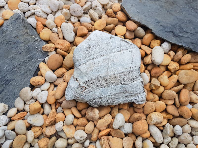 White Main Stone Surrounded by Brown, White, and Grey Pebbles Stock ...