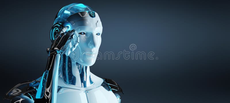 White Male Cyborg Thinking and Touching His Head 3D Rendering Stock ...