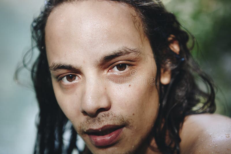White Man Enjoying the Waterfall Stock Image - Image of tranquility ...