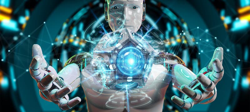 White Man Humanoid Using Drone Security Camera 3D Rendering Stock ...