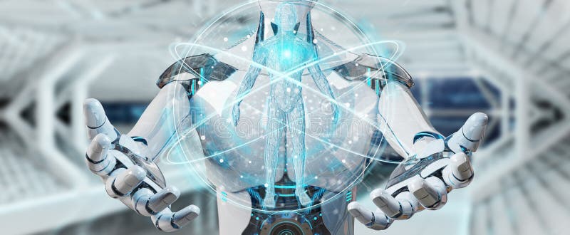 White Man Robot Scanning Human Body 3D Rendering Stock Illustration ...