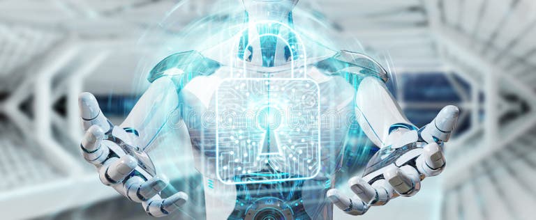 White Man Robot Securing Digital Datas 3D Rendering Stock Illustration ...