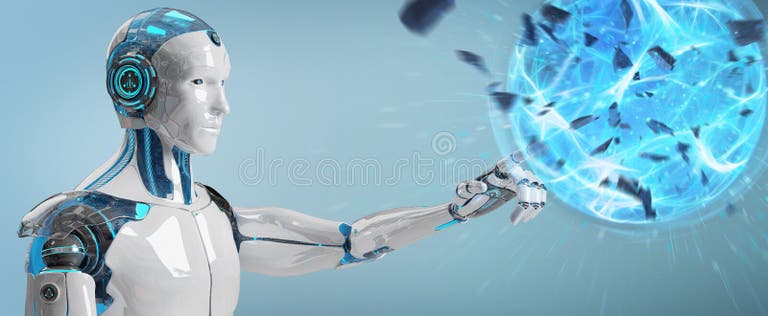 White Man Robot Creating Energy Ball 3D Rendering Stock Illustration ...