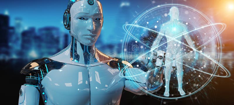 White Man Robot Scanning Human Body 3D Rendering Stock Illustration ...
