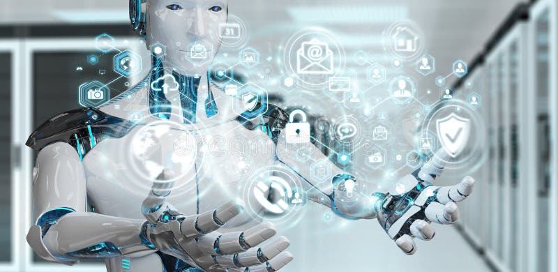 White Man Robot Using Cyber Security Data Interface 3D Rendering Stock ...