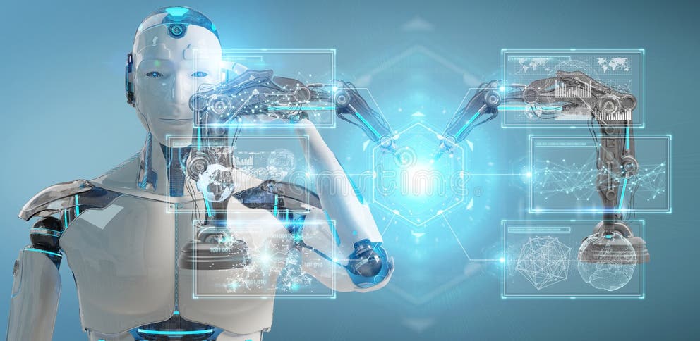 White Man Robot Using Robotics Arms with Digital Screen 3D Rendering ...
