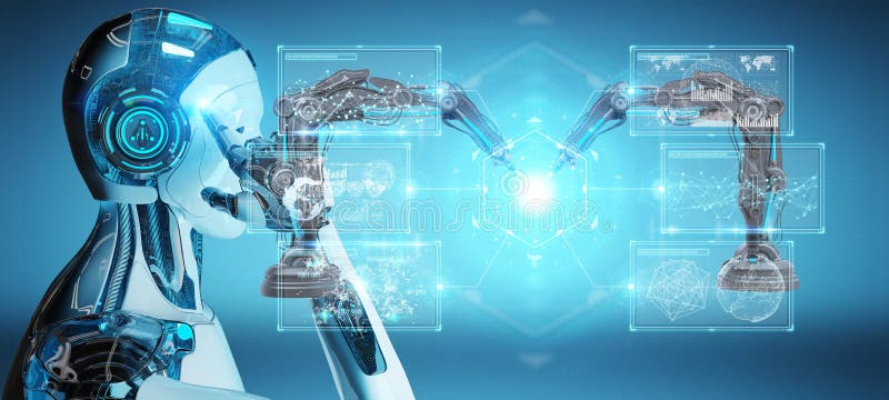 White Man Robot Using Robotics Arms with Digital Screen 3D Rendering ...