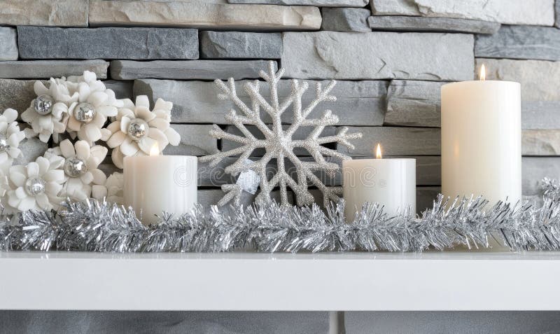 A White Mantle with a Snowflake and Candles on it Stock Image - Image ...