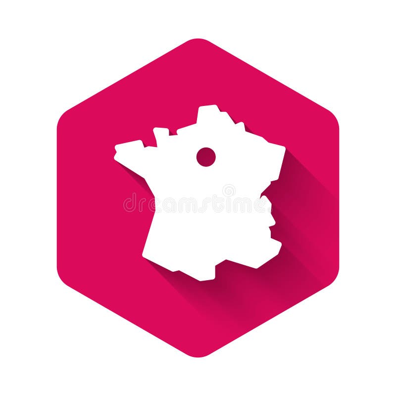 White Map of France Icon Isolated with Long Shadow. Pink Hexagon Button ...
