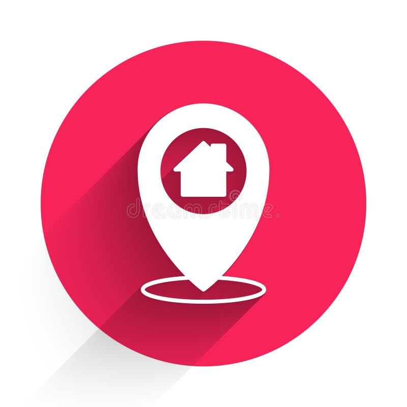 White Map Pointer with House Icon Isolated with Long Shadow. Home Location Marker Symbol. Red ...