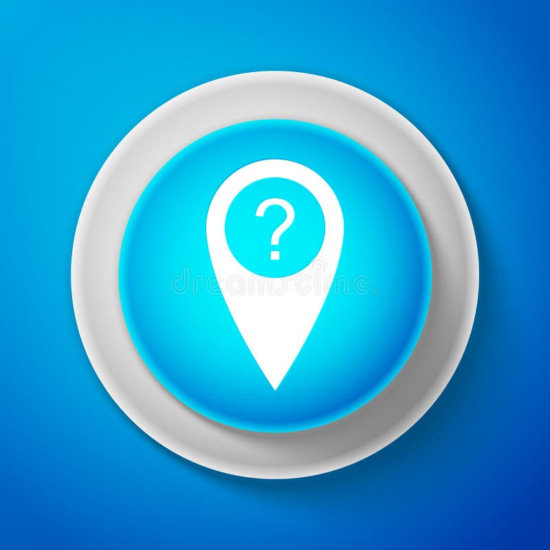 White Map Pointer with Question Symbol Icon Isolated on Blue Background ...