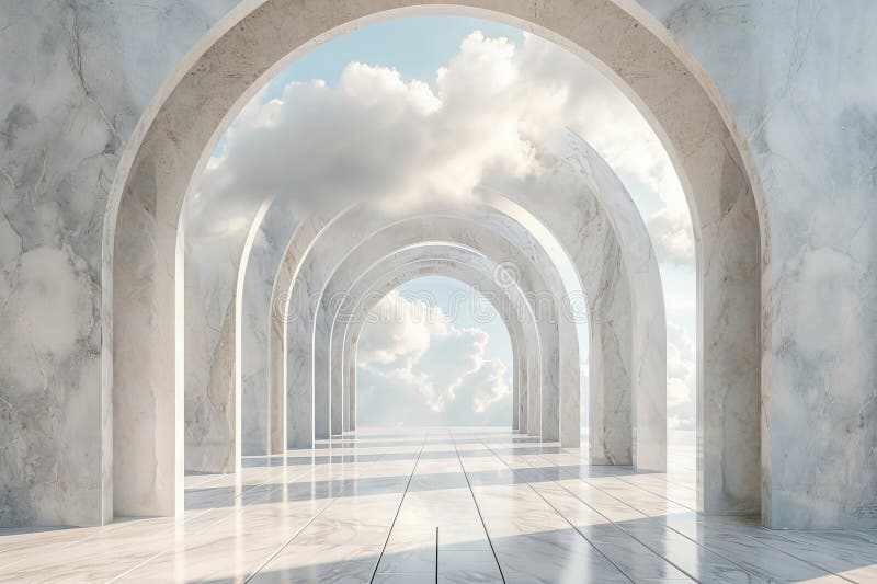 White Marble Arches with Floating Clouds and Blue Sky Background Stock Image - Image of airy ...