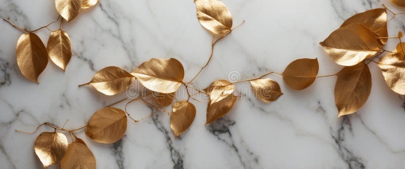 A White Marble Background with Gold Leaves on it. Stock Photo - Image ...