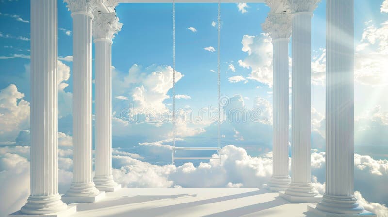 White Marble Columns Stand Tall Against a Backdrop of Fluffy Clouds ...