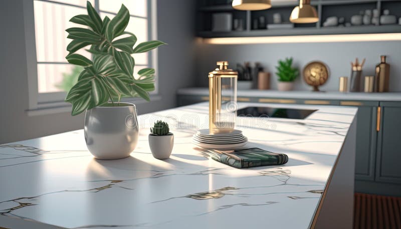 White Marble Counter Top Table Digital Art Illustration, Generative AI ...
