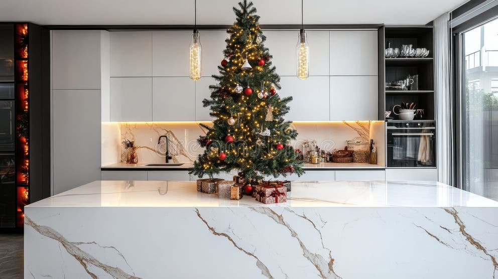 White Marble Countertop Christmas Kitchen Tree. Digital Stock Photo ...
