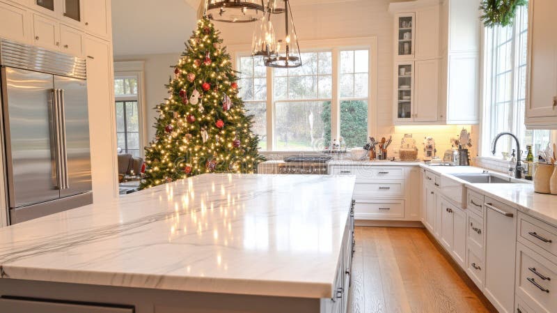 White Marble Countertop Christmas Kitchen Tree. Digital Stock Image ...