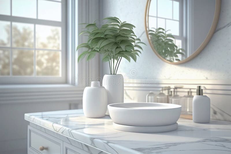 White Marble Countertop and Tile Wall. Empty Bathroom Shelf, Kitchen ...