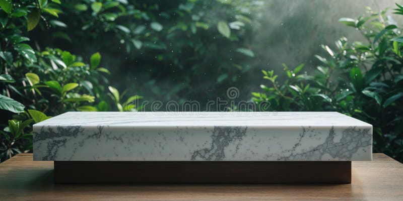 White Marble Display Platform on Table with Lush Green Foliage ...