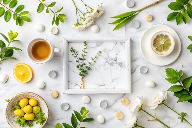 White Marble Flat Lay with Tea, Flowers, and Greenery Stock ...