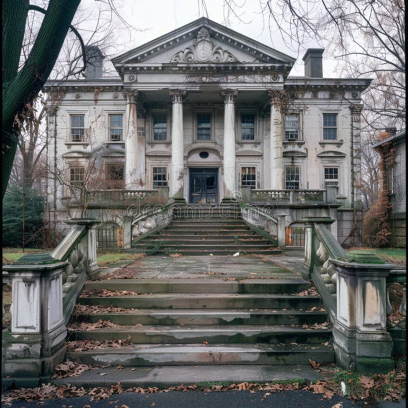 White Marble Front of Abandoned Old Mansion Stock Illustration ...