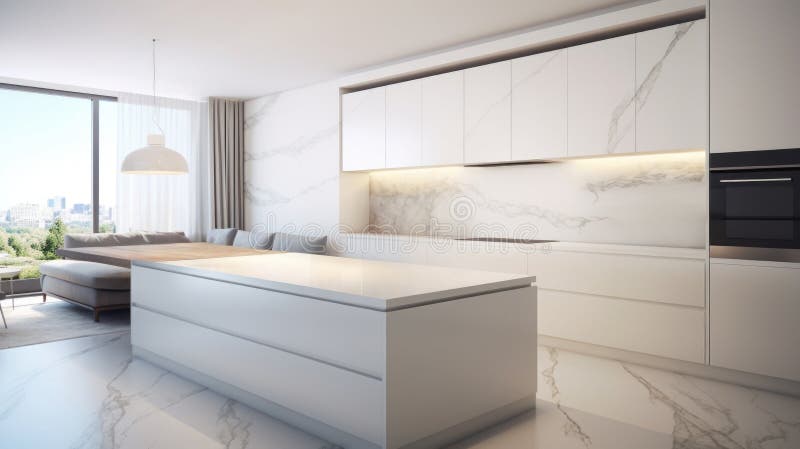 The White Marble Interior of the Kitchen, the Design is Modern for ...