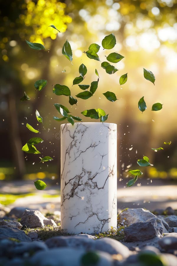 A White Marble Pillar with Green Leaves Flying Out of it Stock Image ...