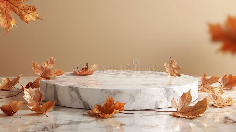 White Marble Platform with Autumn Leaves on Tan Background Stock Image ...