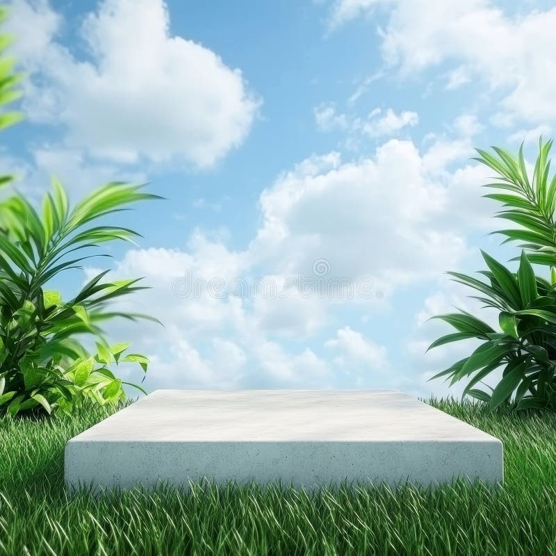 White Marble Platform on Green Grass with Blue Sky and White Clouds ...