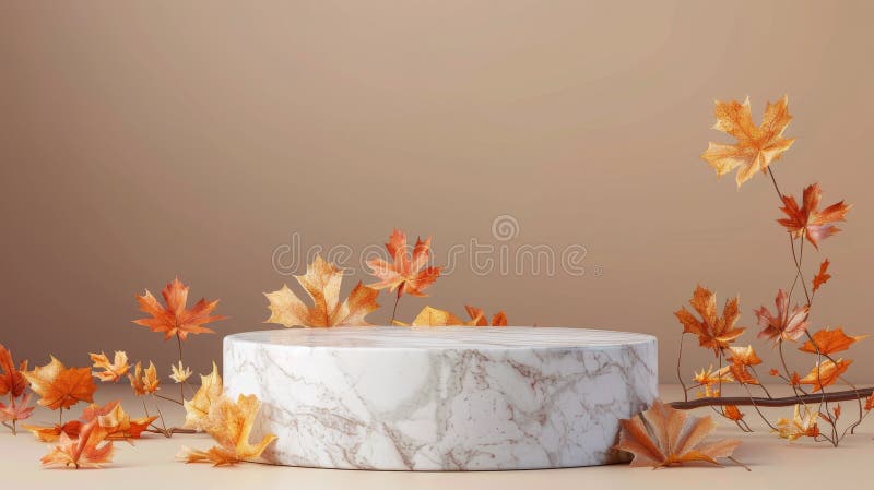 White Marble Platform with Autumn Leaves on Tan Background Stock Photo ...