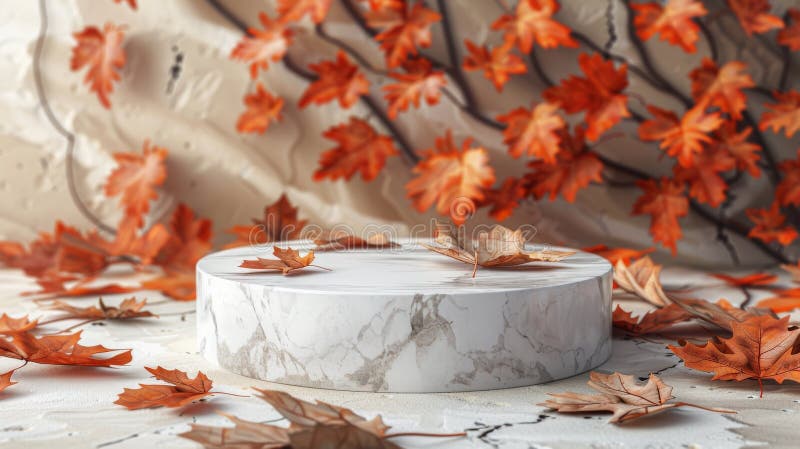 White Marble Platform with Autumn Leaves on Tan Background Stock Photo ...