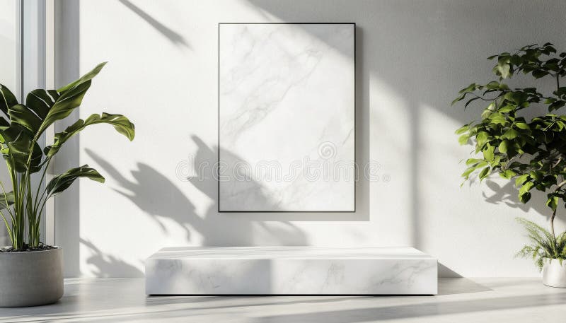 White Marble Podium Landscape Frame Rendering Mockup Template with ...