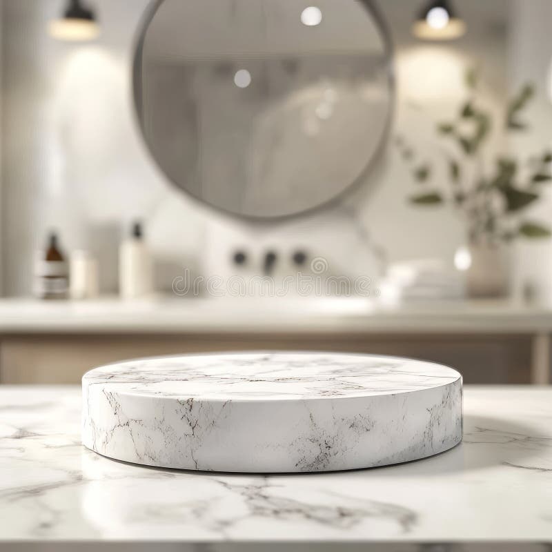 White Marble Podium on White Marble Table in Modern Bathroom with ...