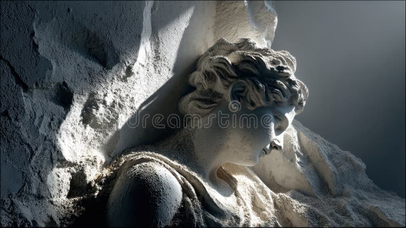 White Marble Sculpture Partially Covered in Soft Gray Dust Backlit with ...