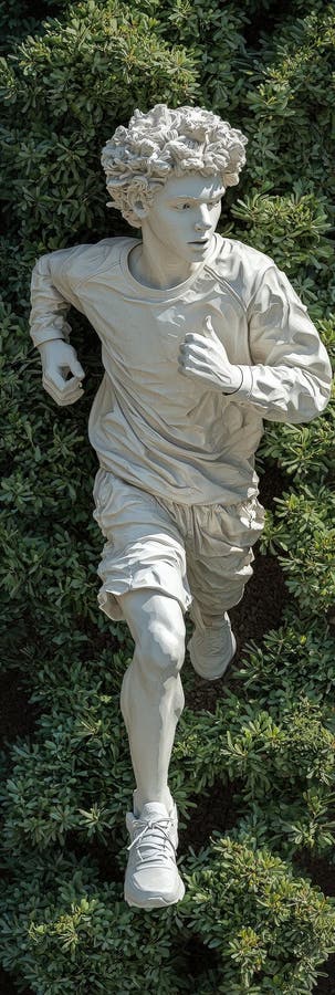 White Marble Statue of a Runner Set Against a Backdrop of Green Foliage ...